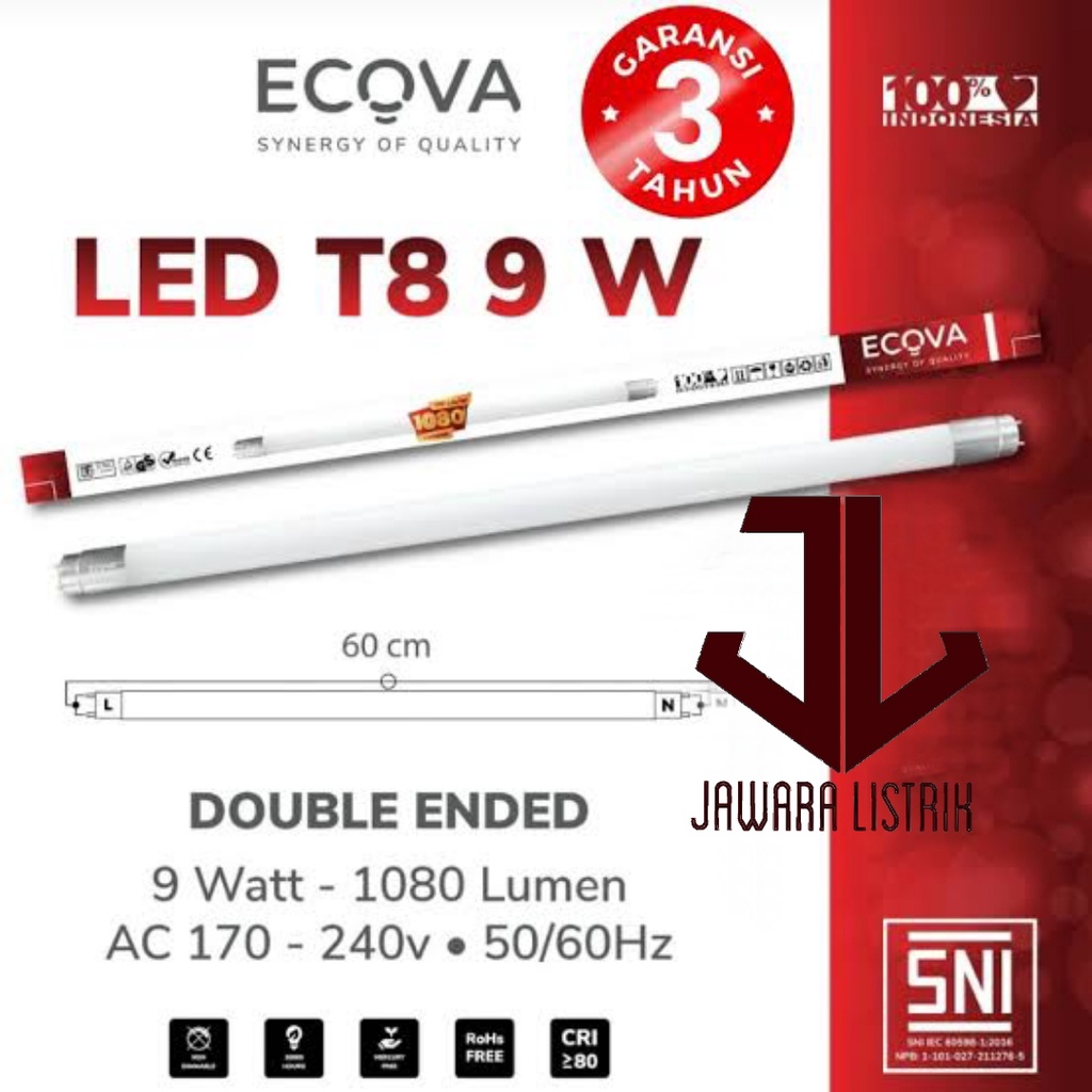 Jual ECOVA T8 LED LAMPU TL LED 9W 9 W WATT 60 CM BODY FITTING ALUMUNIUM | Shopee Indonesia