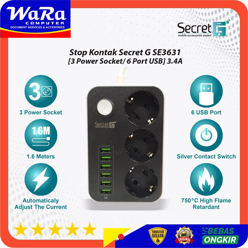 Jual Secret G Stop Kontak 3 Power Strip Socket 6 USB Port Colokan ...