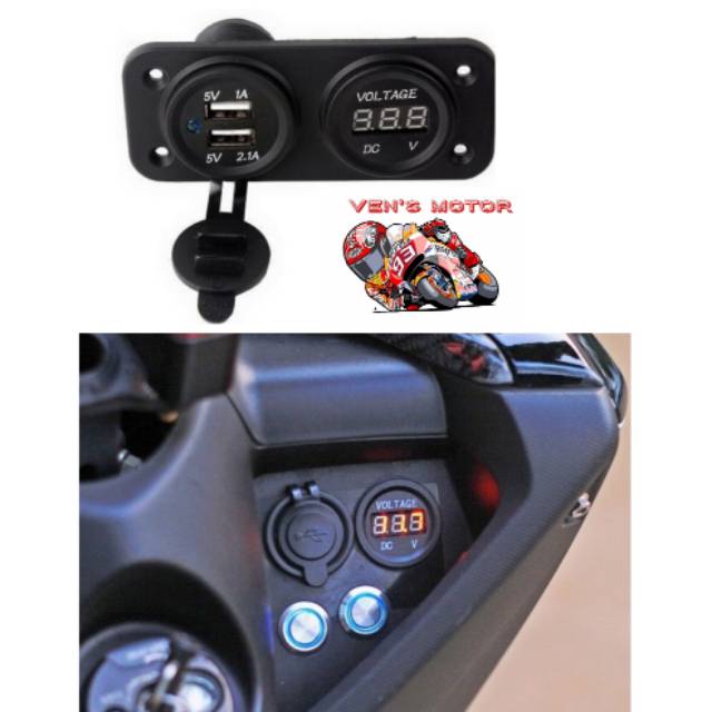 Jual Charger Motor Nmax Dual USB Port Dengan Volmeter Waterproof ...