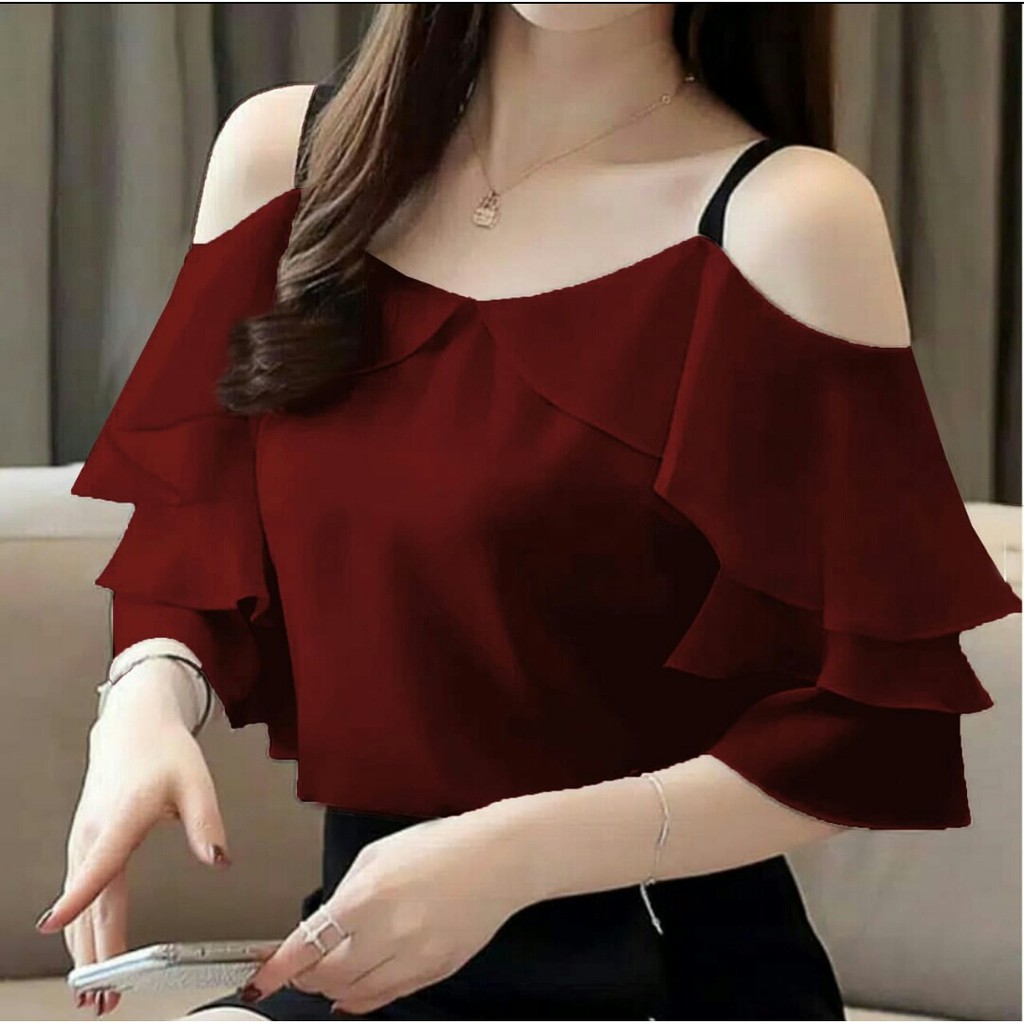 Jual sabrina Ruffle top blouse Size M L XXL bahan twist party blus ...