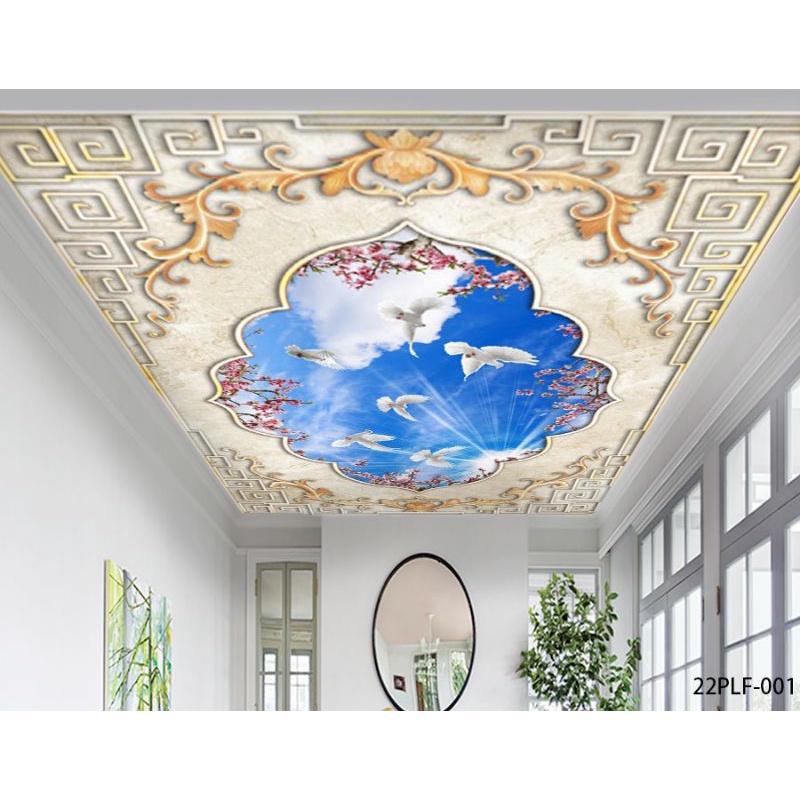 Jual Wallpaper 3D Custom Plafon Ornamen Krem Burung Awan Biru (22PLF ...