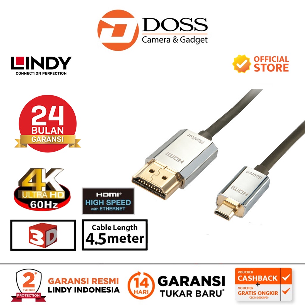 Jual LINDY 41679 CROMO Slim High speed Micro HDMI to HDMI 4.5m | Shopee Indonesia