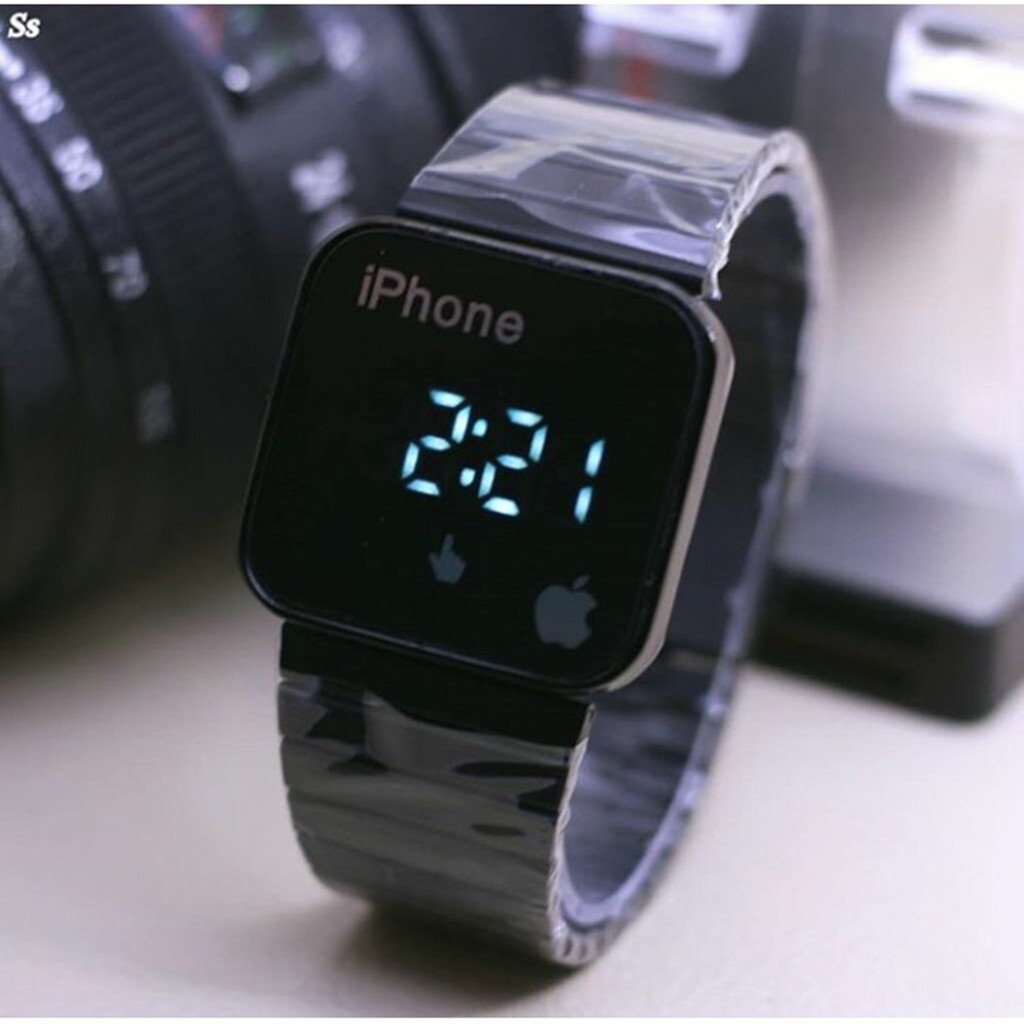 Jual Jam Tangan Iphone LED Layar Sentuh Rantai Warna Full Hitam ...