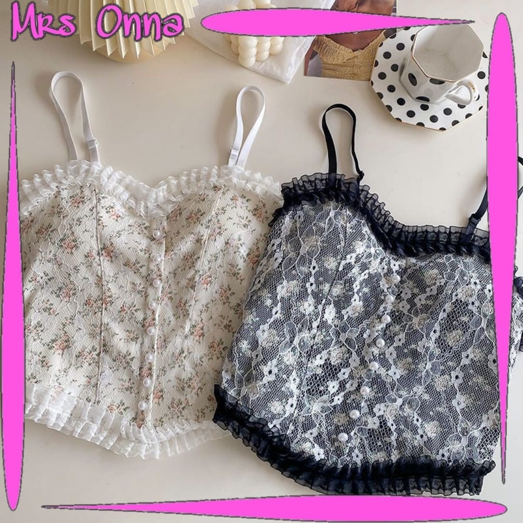 Jual ONNA Korean Lace Pearl Floral Tank Top Atasan Wanita Korea Style ...
