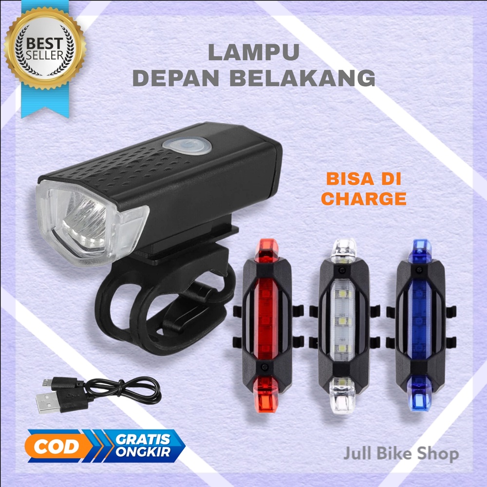 Jual Paket lampu depan dan belakang led sepeda charge rechargeable ...