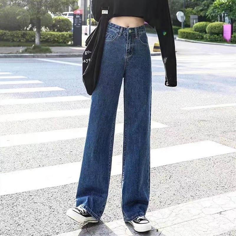 Jual YURUMA Jeans retro biru celana jeans wanita pinggang lebar lurus ...