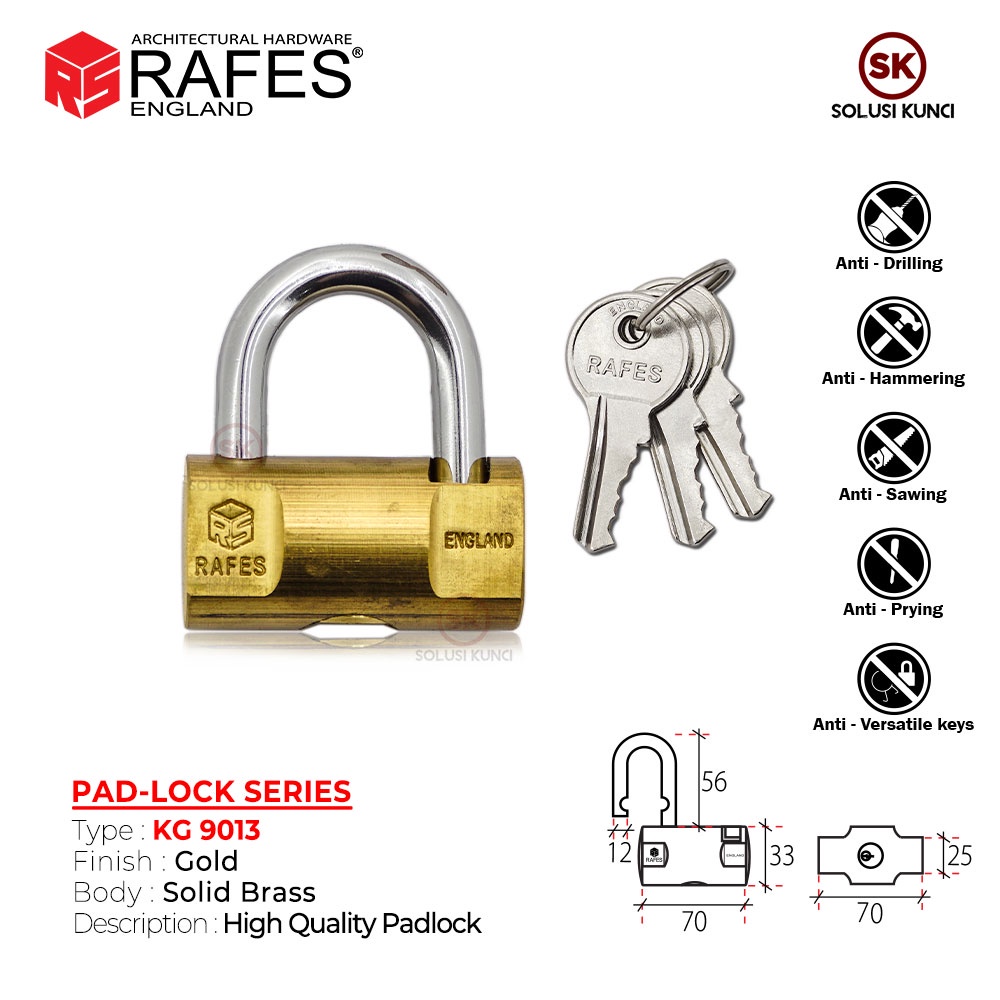 Jual Gembok RAFES ENGLAND Padlock Solid Brass 70mm (GKC 1013) | Shopee ...