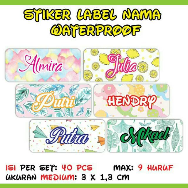 Jual Isi 40 pcs/set! Stiker Label Nama Waterproof Lucu Ukuran Medium (3 ...