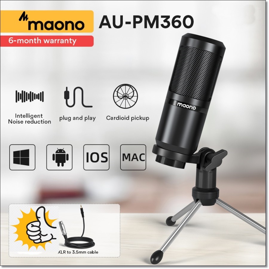 Jual MAONO AU-PM360TR Condenser Microphone 3.5mm to XLR Cardoid + Tripod | Shopee Indonesia
