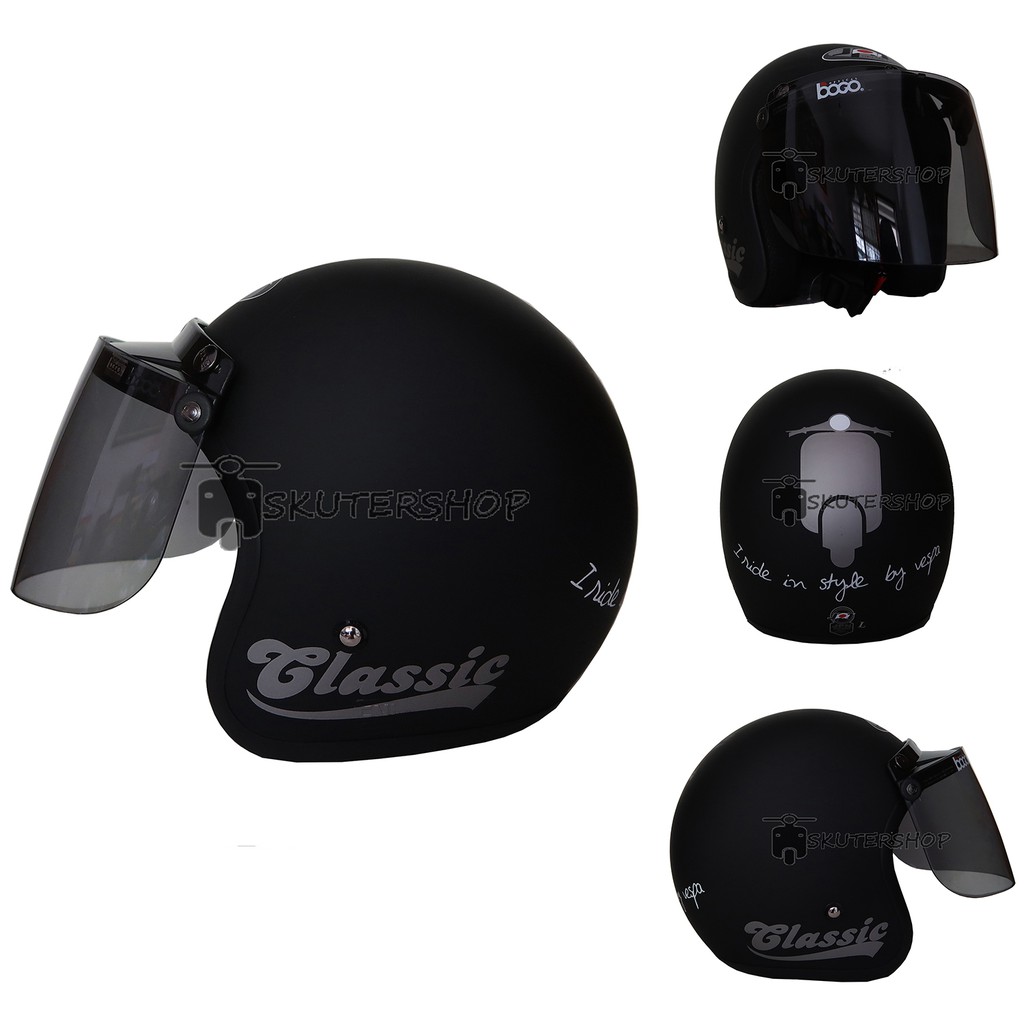 Jual Helm Bogo JPN Retro Klasik Hitam Doff Motif Gambar Vespa Silver ...