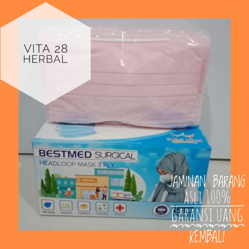 Jual masker medis hijab headloop bestmed 3 ply warna pink non sensi ...