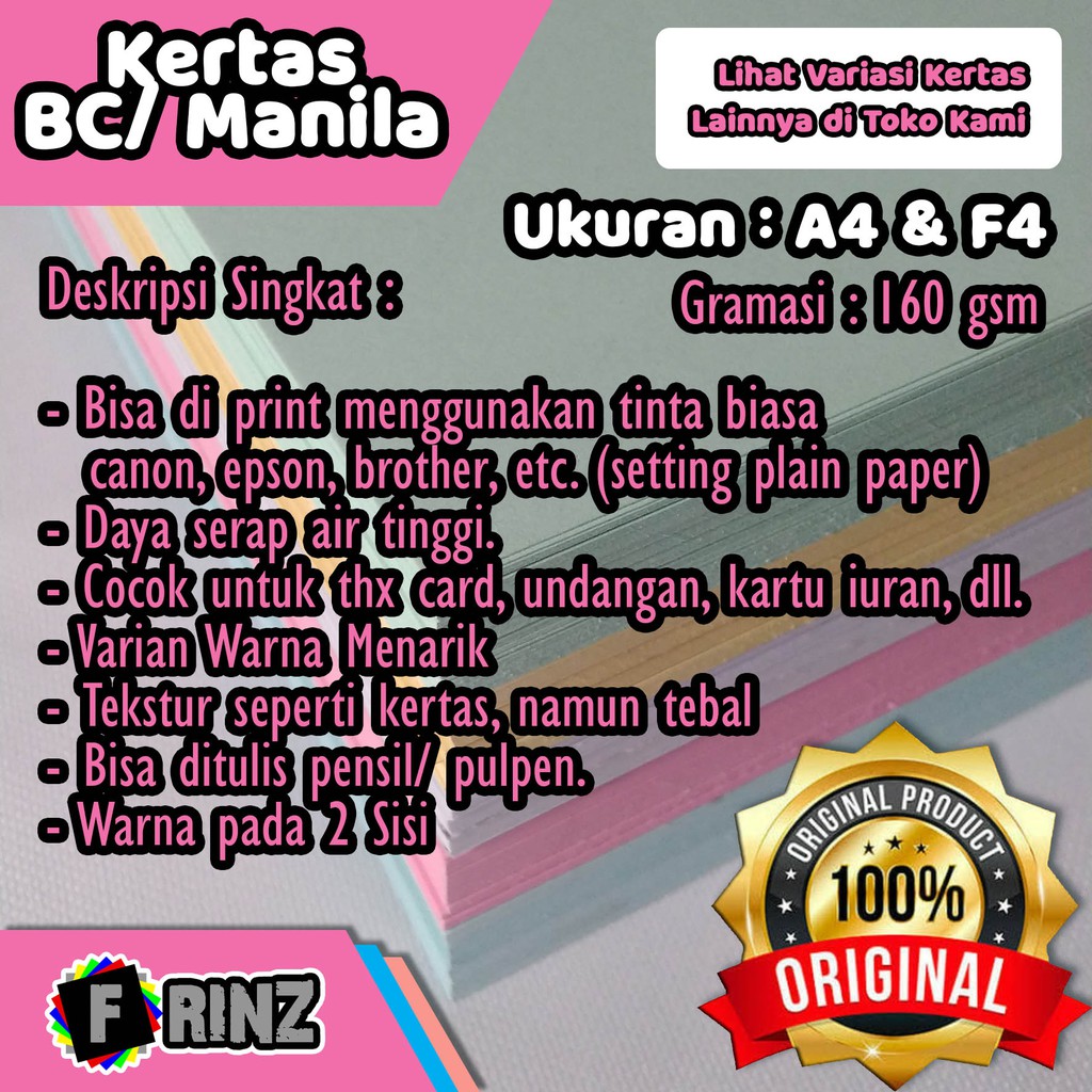 Jual Kertas Karton BC ( Brief Card ) F4 A4 / Manila / Kertas Buku ...