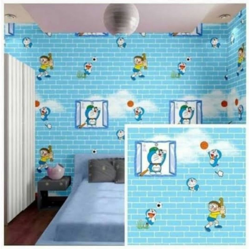 Jual Wallpaper Stiker Dinding Karakter Anak Motif Doraemon Batu Bata Biru // 10m x 45cm | Shopee ...