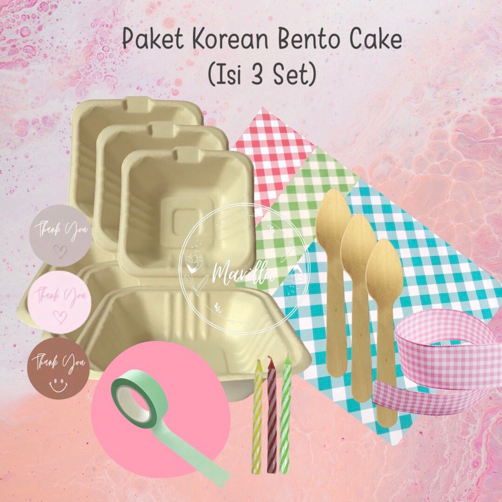 Jual PAKET KOREAN BAGASSE BENTO CAKE BOX LENGKAP ISI 3 | Shopee Indonesia