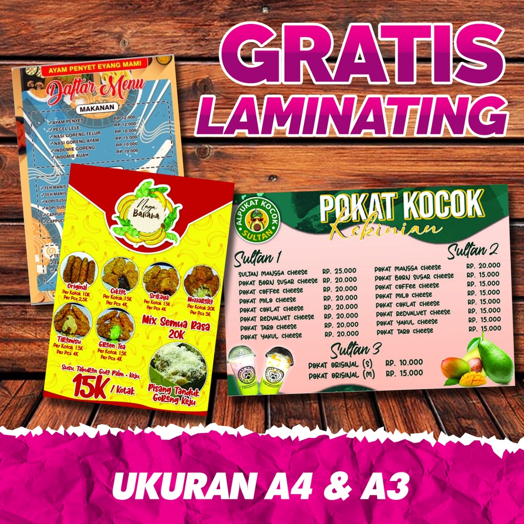 Jual cetak menu UKURAN A3 dan ukuran A4 GRATIS LAMINATING TEBAL depan ...