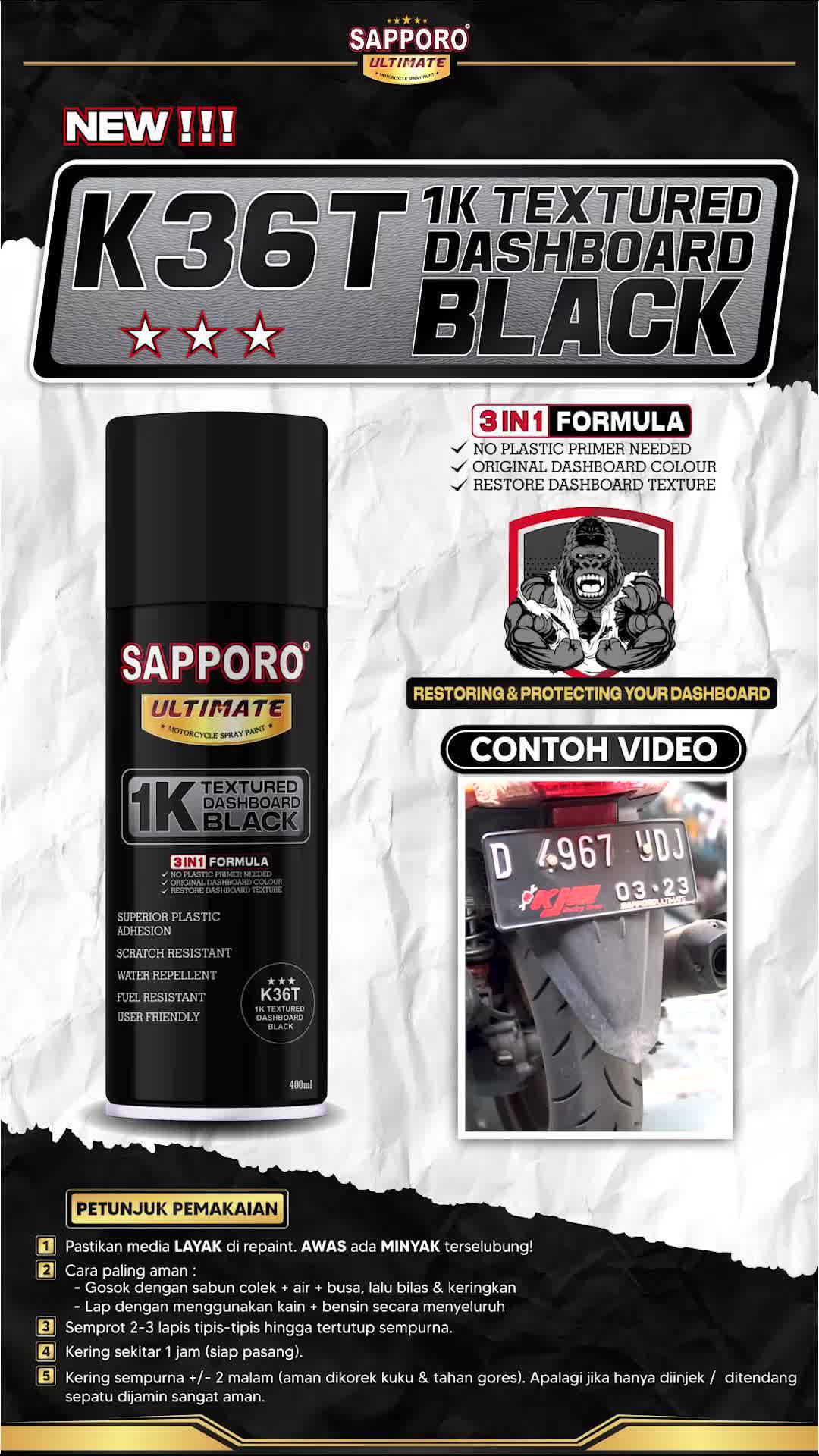 Jual Sapporo Ultimate K36T 1K Textured Dashboard Black / Cat Spray Semprot Aerosol Terbaik ...