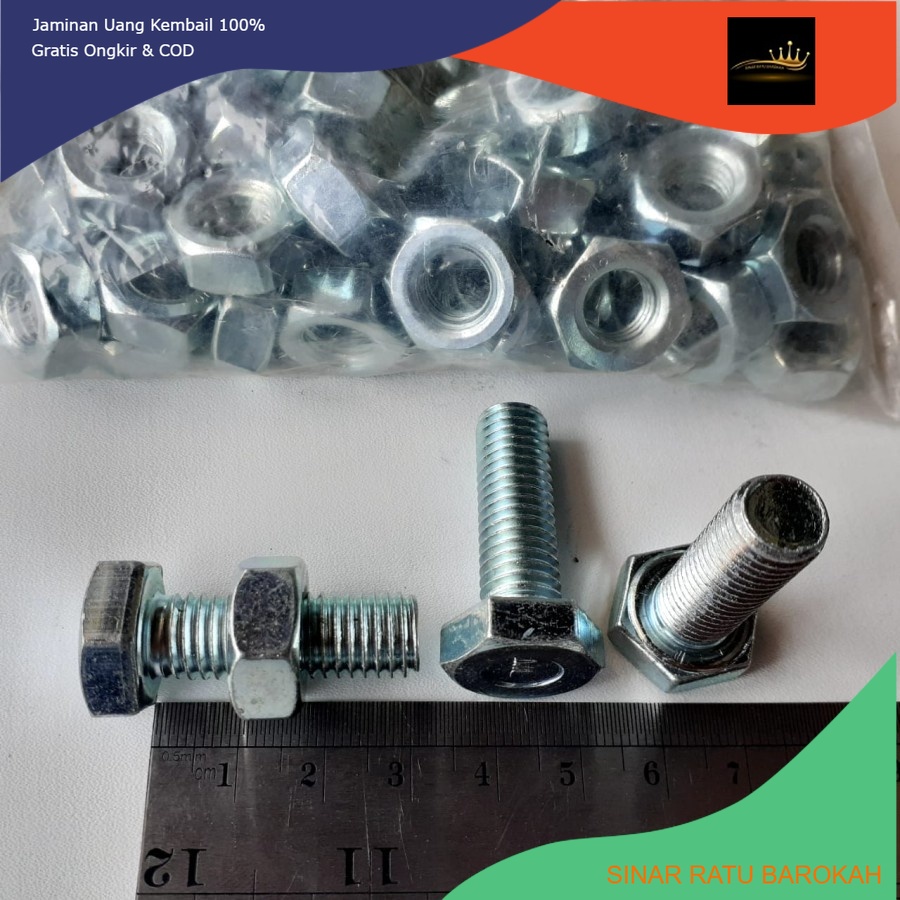Jual BAUT MUR PUTIH M12 X 30 PANJANG 3CM 3 CM GALVANIZ GALVANIS GALPANIS / BMP M12X30 / BAUT ...