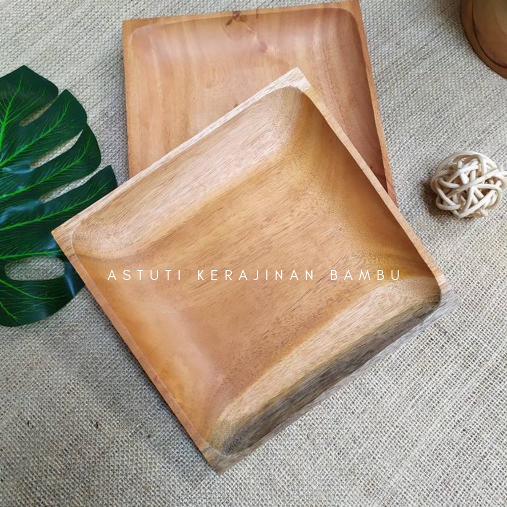 Jual Piring Kotak Kayu Mahoni 20 x 20 cm/Piring Kayu Unik/Piring Makan ...