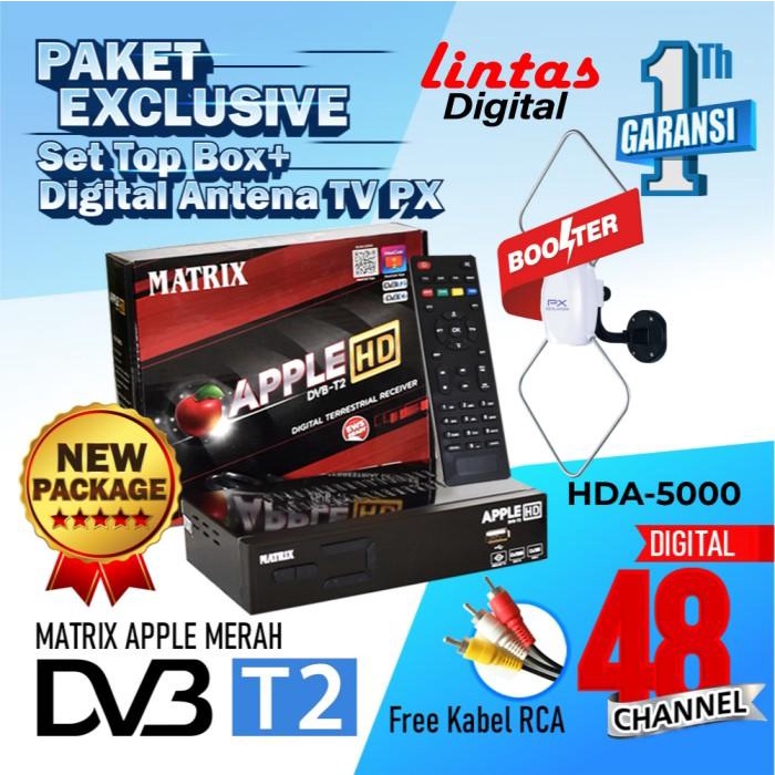 Jual Receiver Tv Dvbt2 Set Top Box Apple Matrix Merah + Antena Px Hda ...