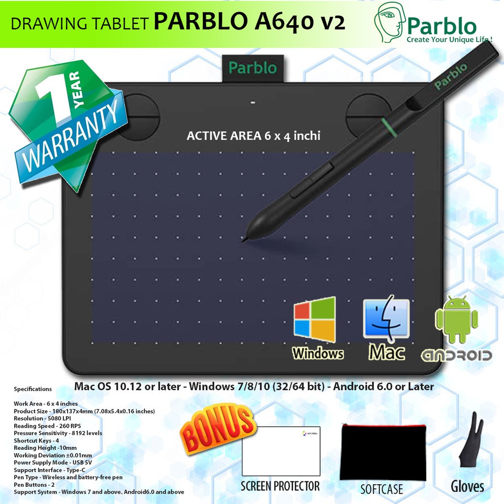 Jual Parblo A640 V2 drawing pen tablet murah Garansi 1 tahun | Shopee ...