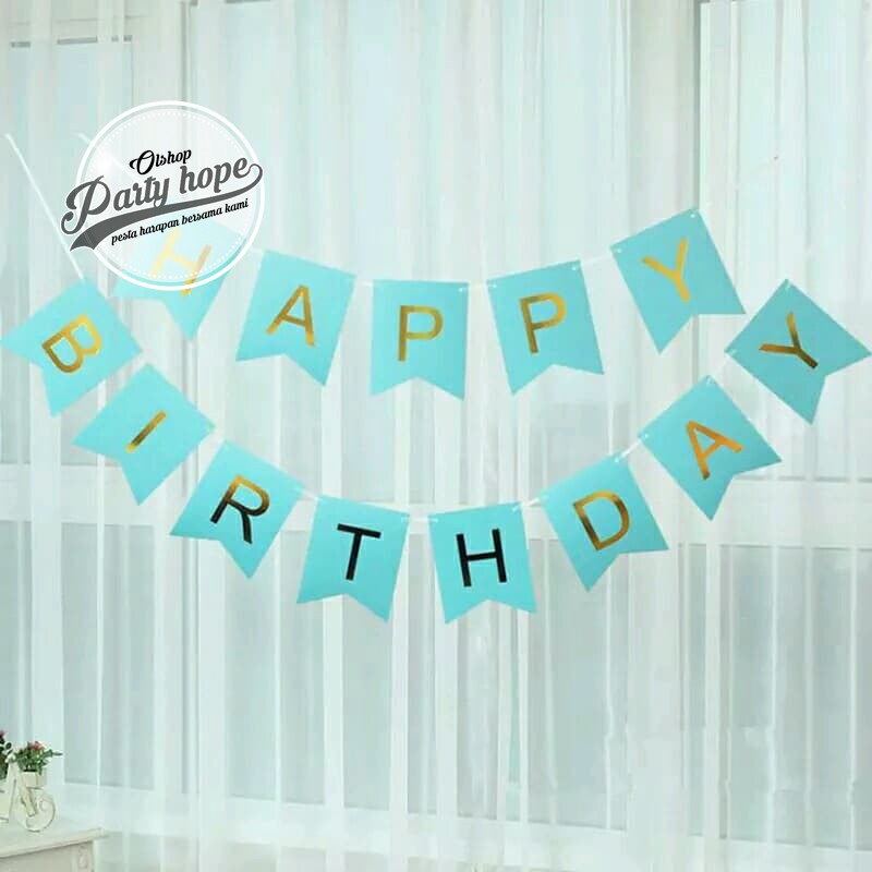 Jual Banner happy birthday / bunting flag ulang tahun Biru tulisan gold ...