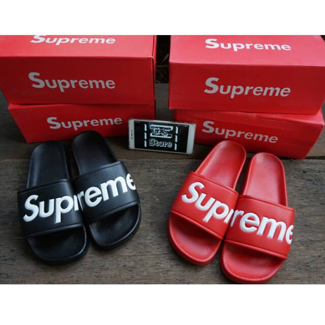 Jual Sendal Slippers Supreme Merah Dan Hitam (READY) | Shopee Indonesia
