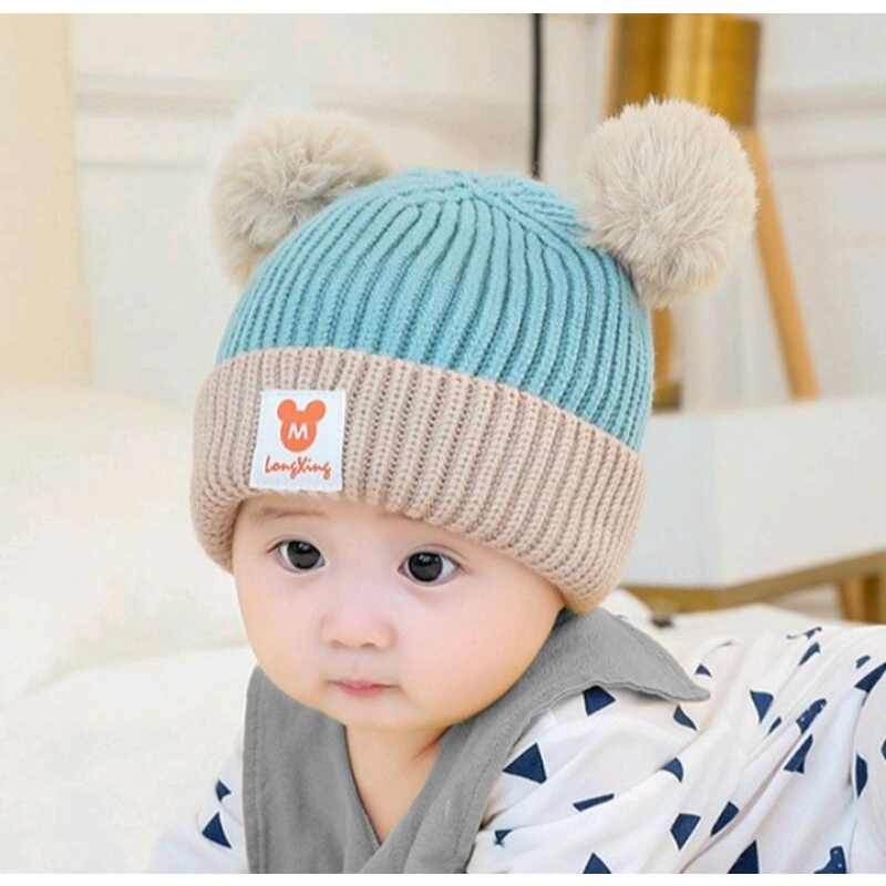 Jual KUPLUK BAYI DUA WARNA DENGAN HIASAN POMPOM/ KUPLUK LUCU / KUPLUK ...