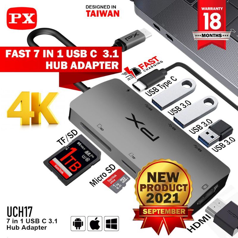 Jual USB Hub PX 7 In 1 USB Hub Converter USB Type C To HDMI Card Reader ...