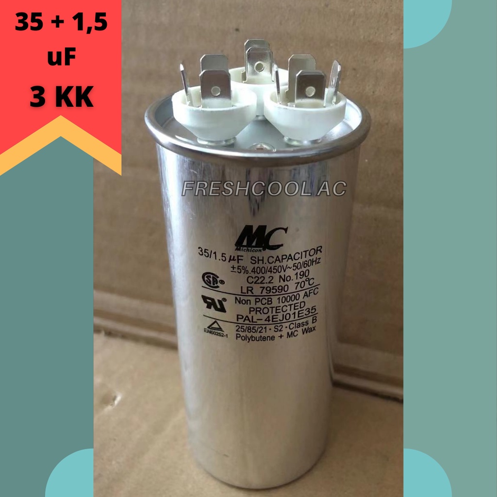Jual KAPASITOR AC / CAPACITOR AC LG 3 KAKI 35/1,5 uF (MERK MC) 35/1,5 MIKRO | Shopee Indonesia