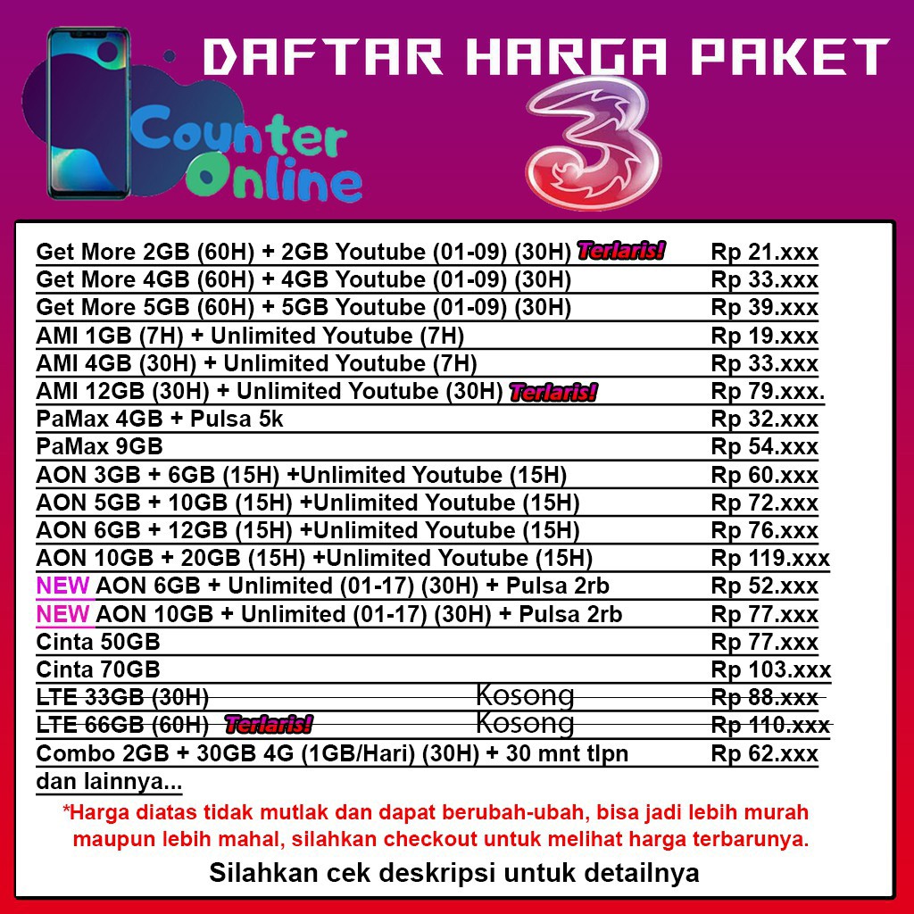 Jual Kuota Internet Tri Murah Paket Three AON AMI Get More Three LTE 33GB Tri 66GB | Shopee ...