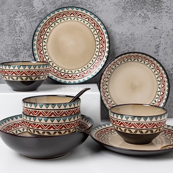 Jual Dining Set Piring Makan Keramik Hitam Retro / Piring Mangkuk ...