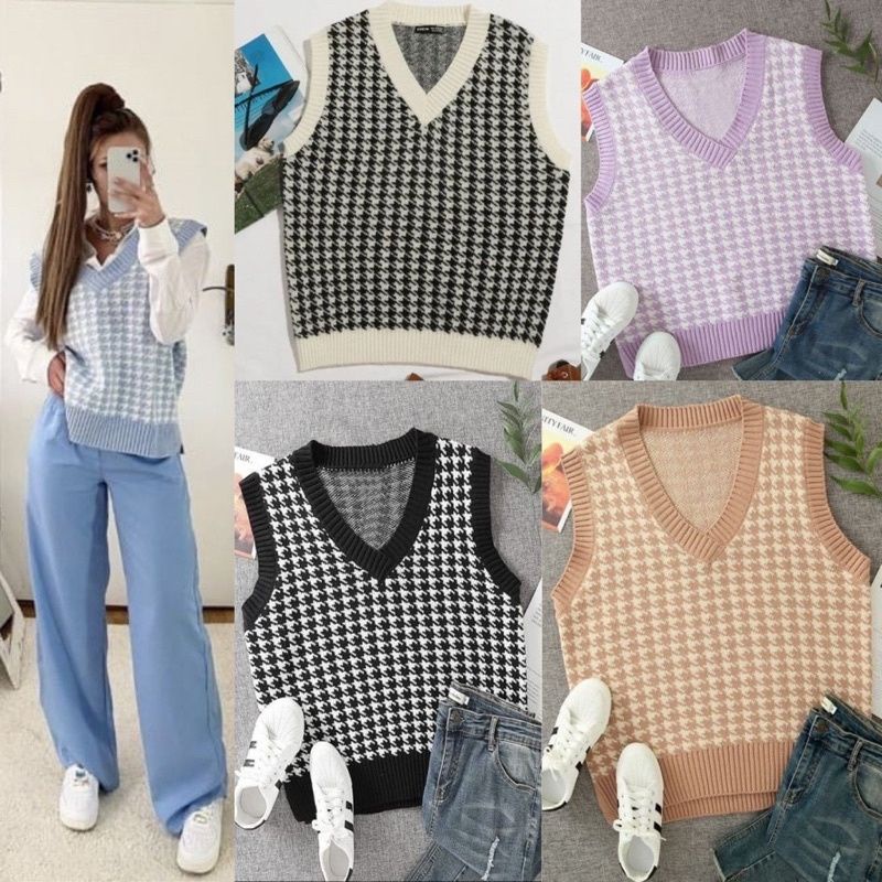 Jual VEST RAJUT JISOO / VEST RAJUT HOUNDSTOOTH / VEST WANITA / VEST ...