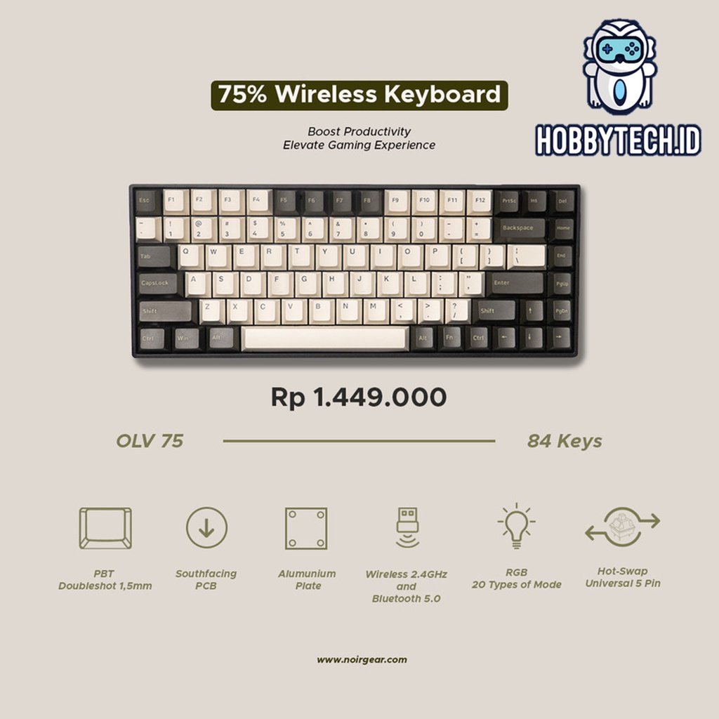 Jual NOIR OLV75 Wireless/BT/Wired 84keys Hotswap Mechanical Gaming ...