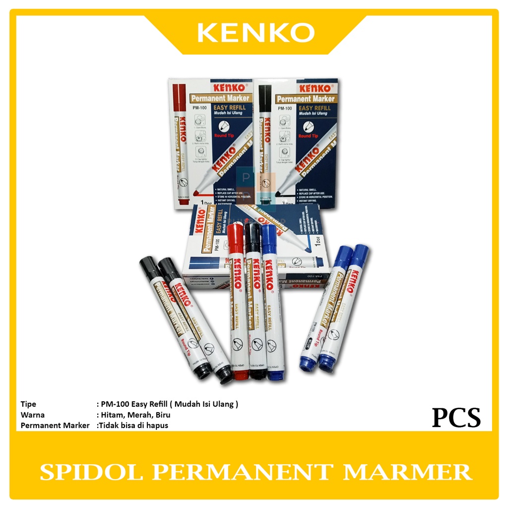 Jual Kenko Spidol Permanent Marker PM 100 Warna Hitam, Biru, Merah -Pcs ...