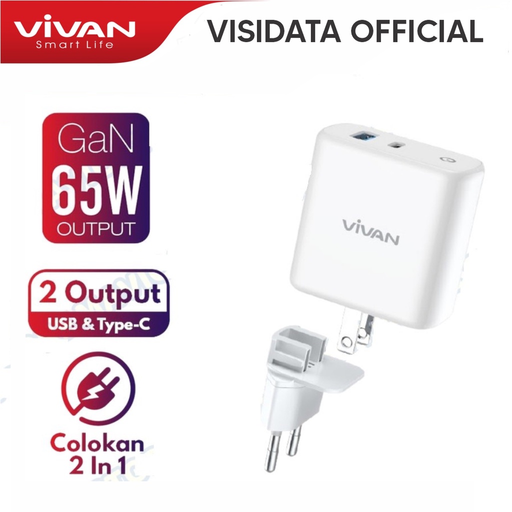 Jual VIVAN GaN02 65W 5.4A Charger QC4.0 USB & Type-C Port US/EU ...