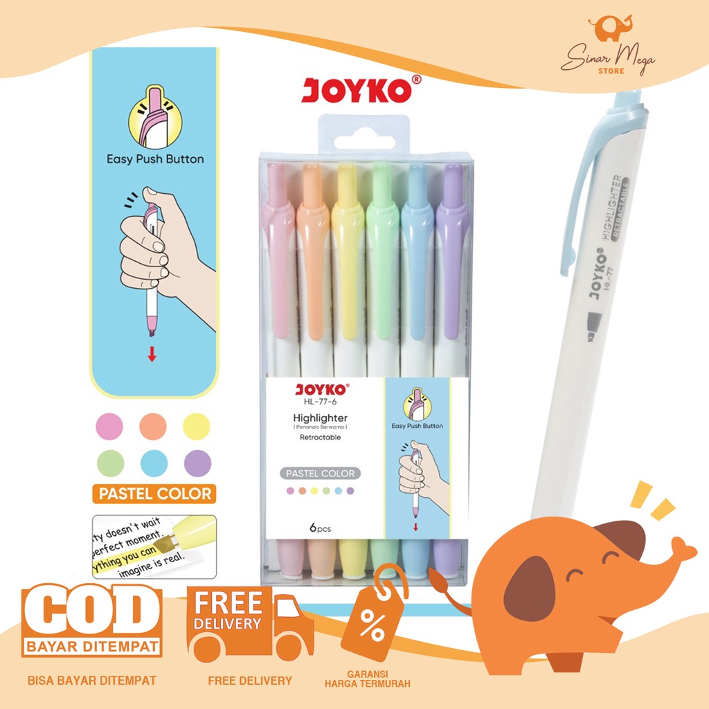 Jual Joyko Highlighter HL-77-6 1 Set Isi 6Pcs / Penanda 6 Warna Pastel ...