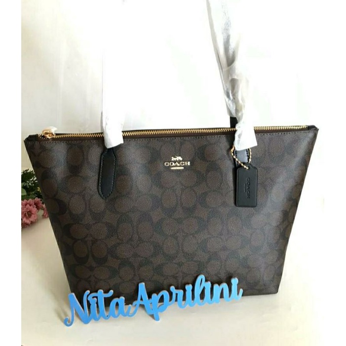 Jual Tas COACH 4455 Signature Zipper Tote Brown Black Coated Canvas ...