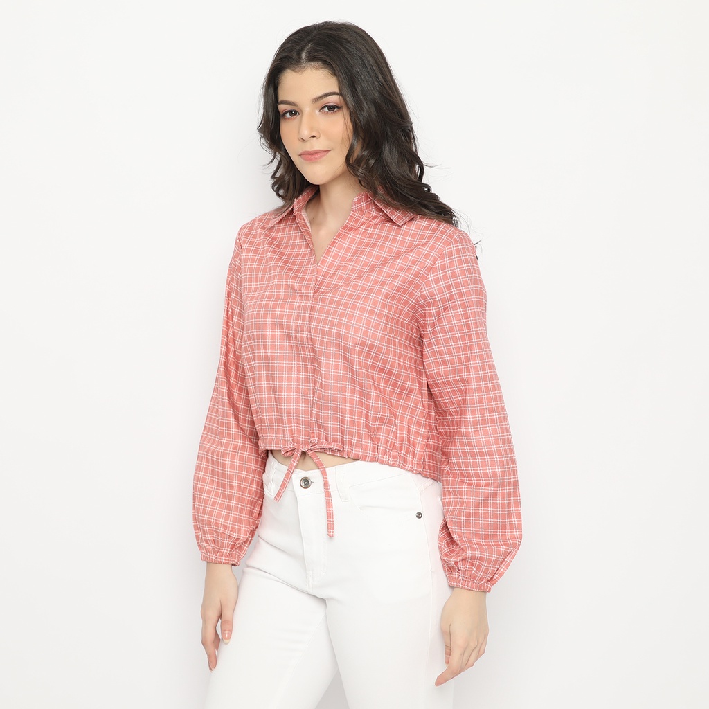 Jual ROMP Blouse Kotak-Kotak Wanita MA033 Tali Serut Bawah - Pink ...