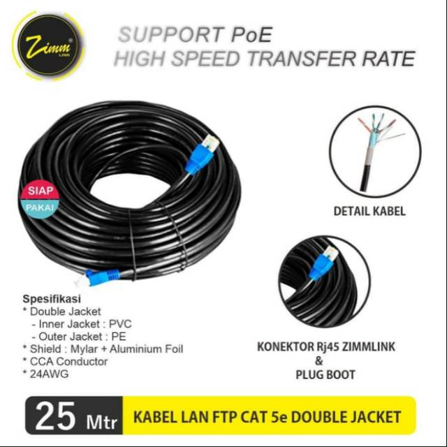 Jual Kabel LAN FTP Cat 5e Zimmlink Double Jacket Panjang 25 Meter Siap ...