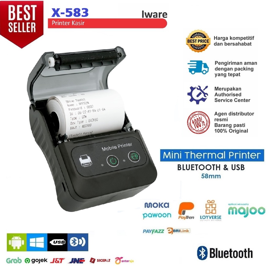 Jual PROMO PRINTER BLUETOOTH THERMAL MINI KASIR THERMAL 58MM X-583 IWARE ORIGINAL (TANPA TINTA ...