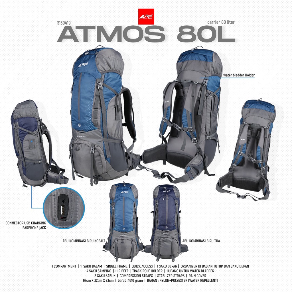 Jual CARRIER AREI ATMOS 80L 60L 40L BONUS COVER BAG | TAS RANSEL GUNUNG REI OUTDOOR 80 60 40 ...