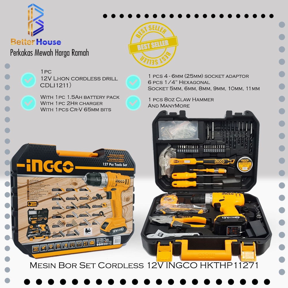 Jual MESIN BOR SET CORDLESS 12V SET COMPLETE (127 PCS) INGCO HKTHP11271 ...