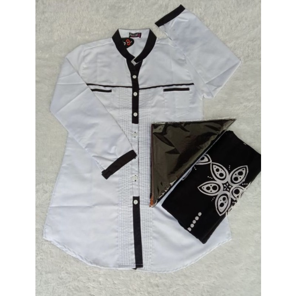 Jual setelan santriwati putih list hitam / atasan santriwati putih list ...