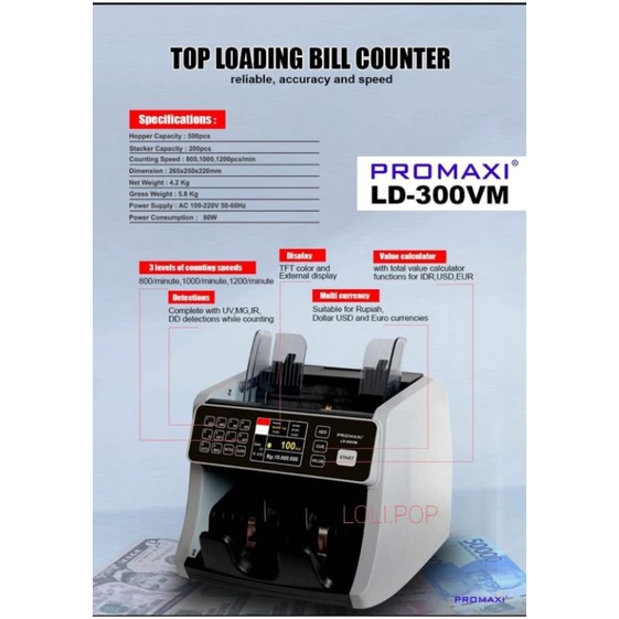 Jual PROMAXI LD-300VM Top Loading Bill Counter / Mesin Hitung Penghitung Uang / Money Detector ...