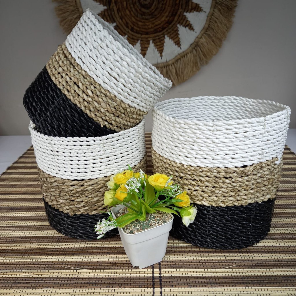 Jual Keranjang Anyaman Vas Bunga Cover Pot Seagrass 3 in1 | Shopee ...