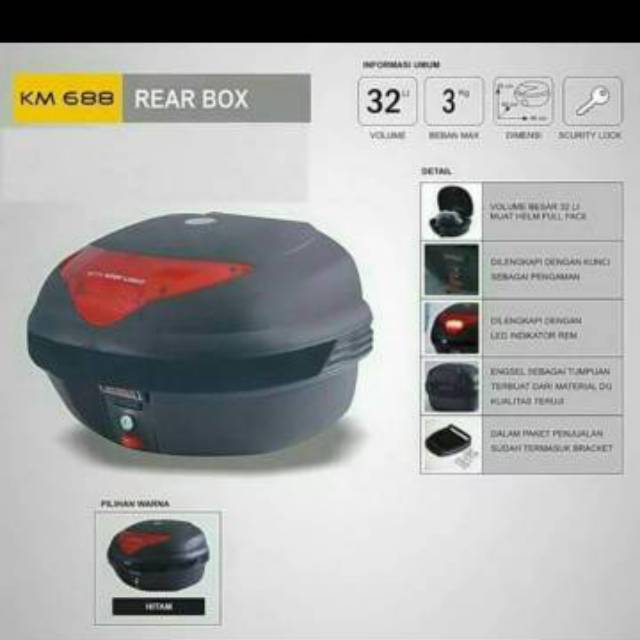 Jual Box motor kmi 688 black ada lampu stop kapasitas 35 liter | Shopee ...