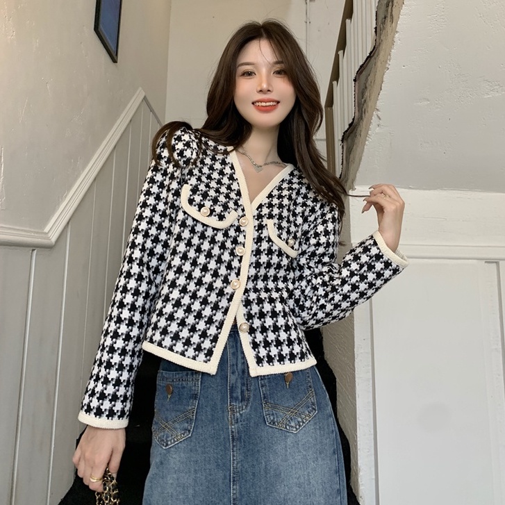 Jual XIAOZHAINV Korean style Cardigan Lengan Panjan Wanita Crop Kotak-kotak Kardigan Crop ...