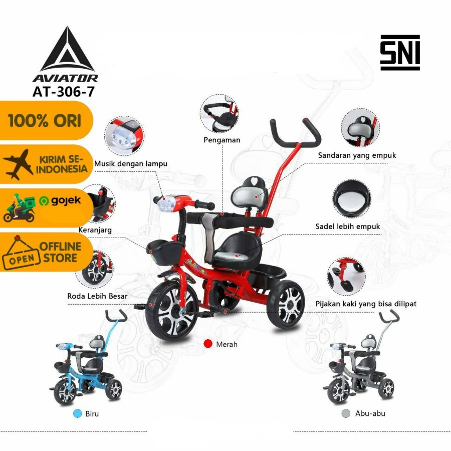 Jual SEPEDA STROLLER ANAK RODA 3 TRICYCLE AVIATOR 306 AT306-7 tongkat ...