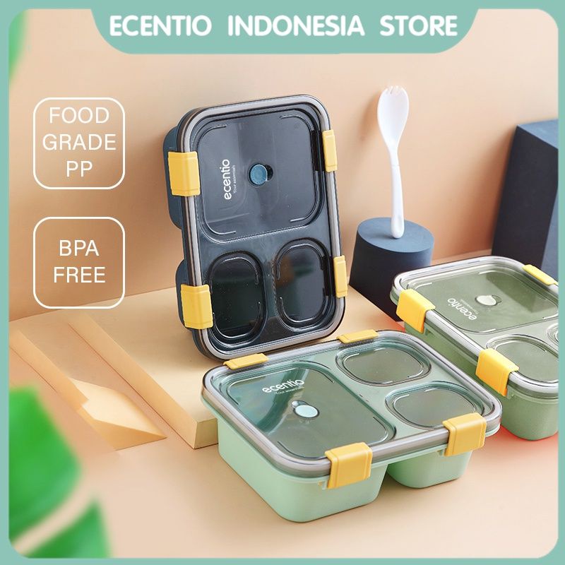 Jual ecentio Kotak bento 3 Grid lunch box/tempat makan dan sendok/850ml ...