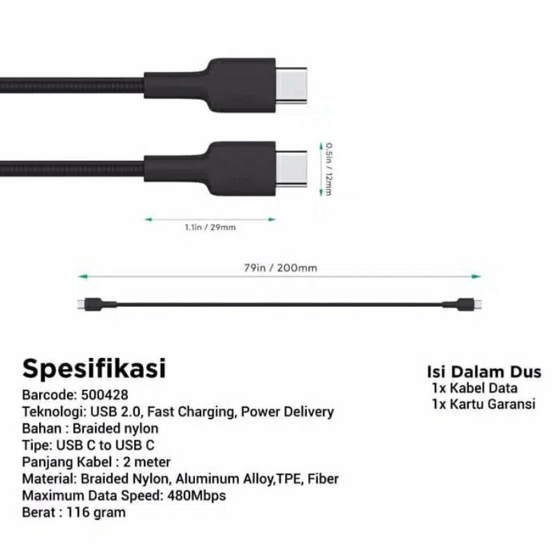 Jual Kabel Data Aukey Type C to C Support PD Nylon 2 Meter | Shopee ...